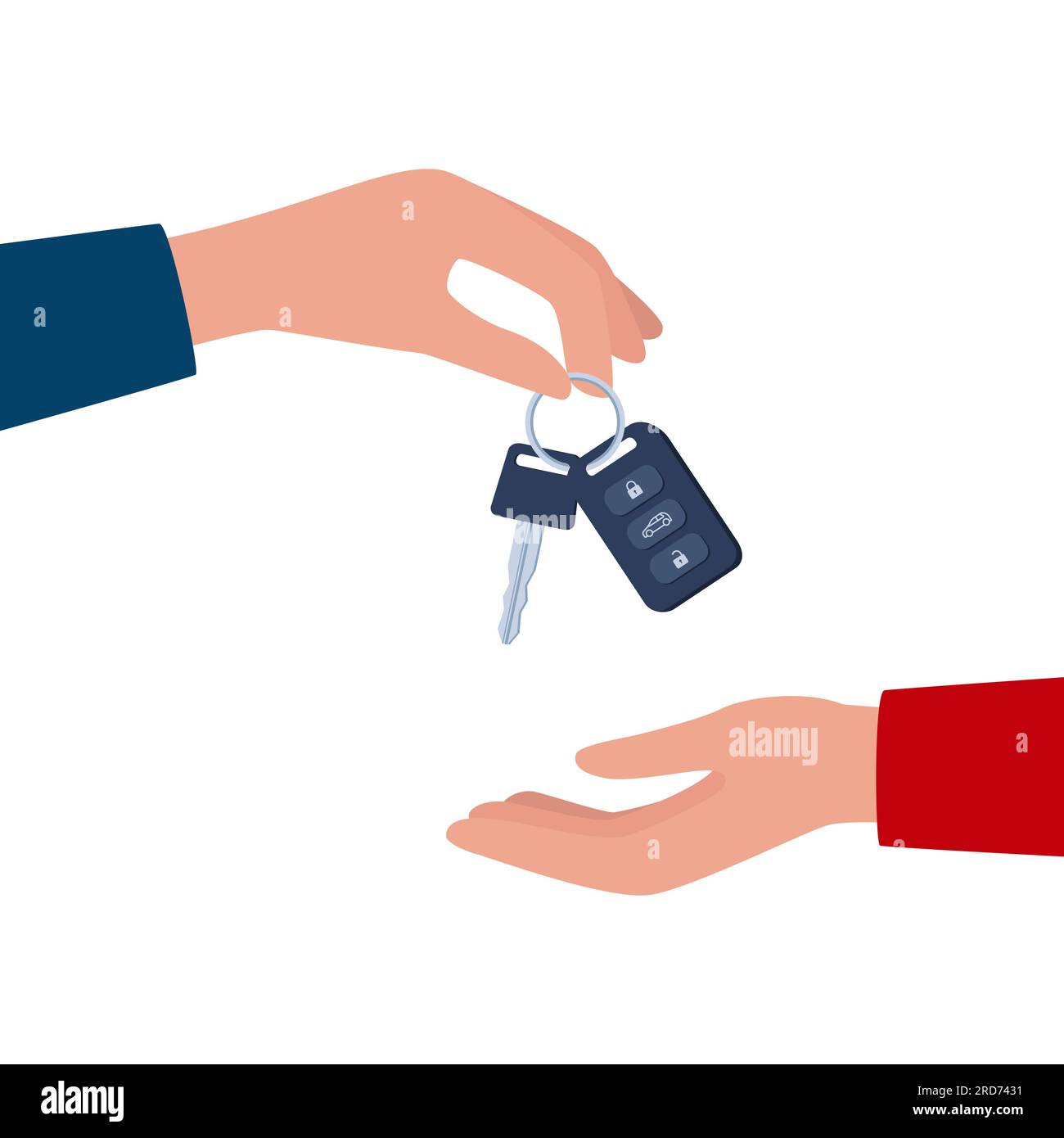Dealer hand giving keys chain to a buyer hand. Buying or renting a car ...