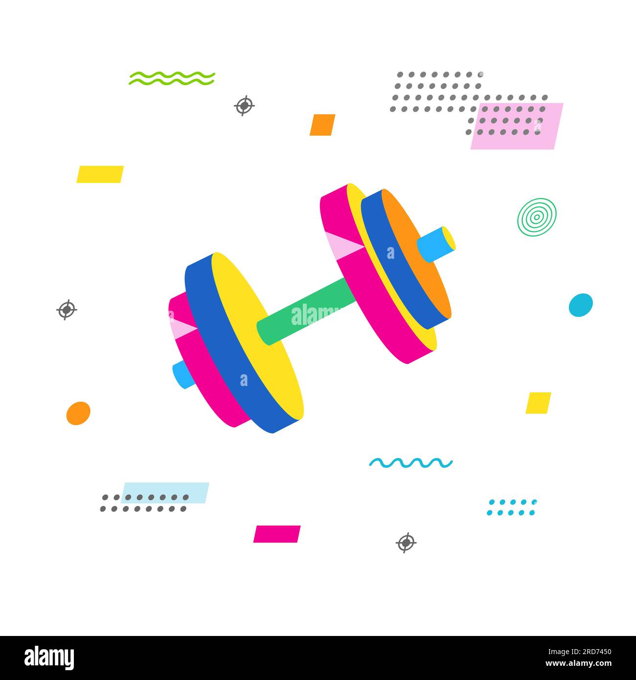 Dumbbell with memphis style elements. Vector colorful illustration for ...