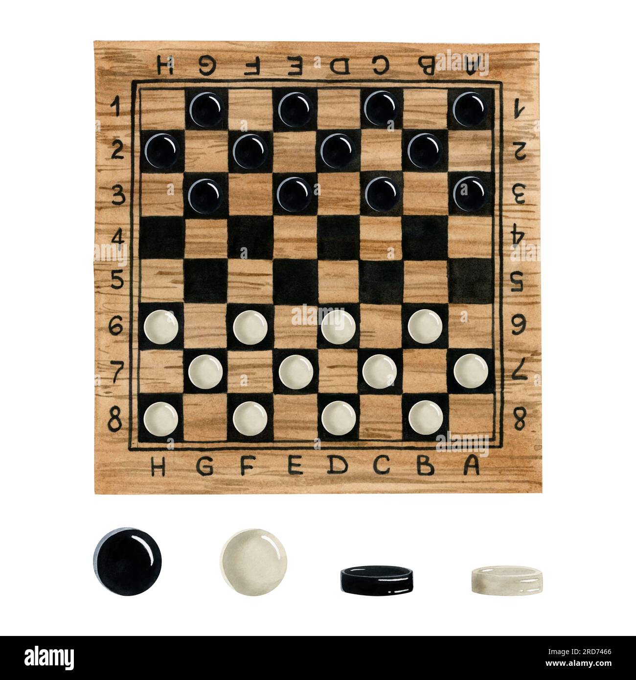 Checkers game watercolor illustration with wooden chess board. Hand ...