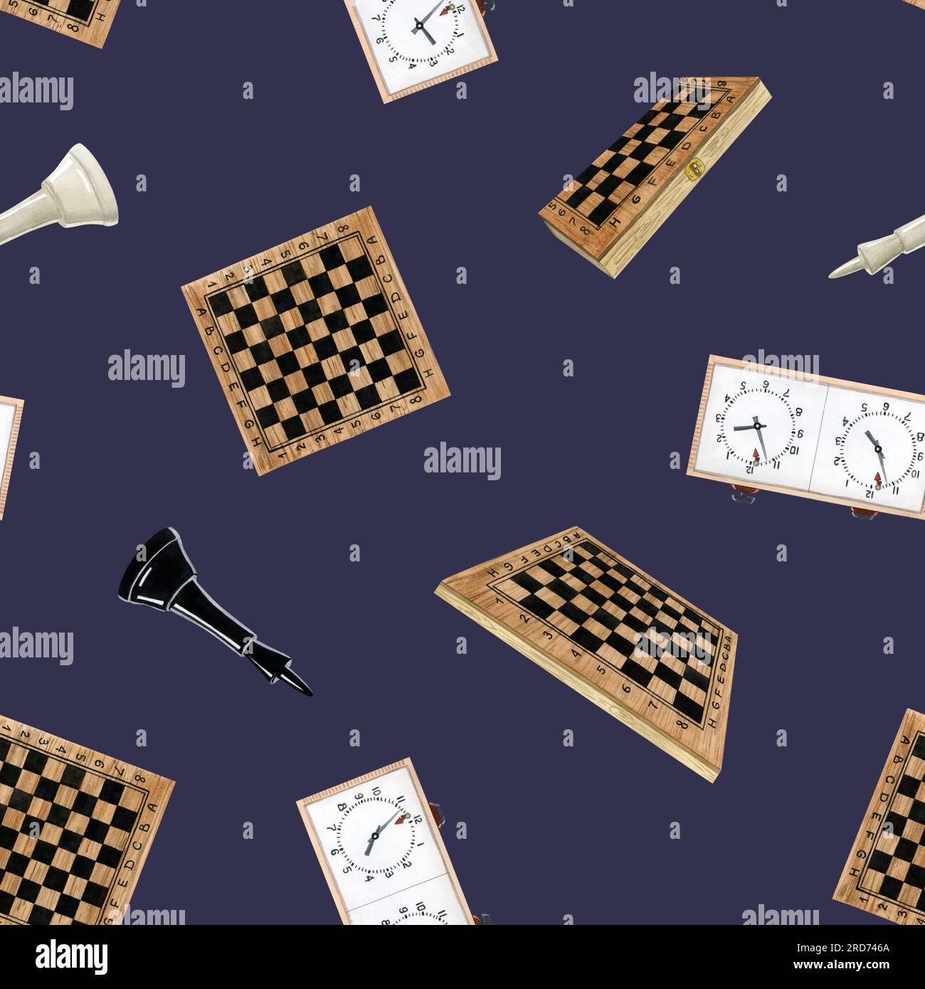 Watercolor chess seamless pattern with black and white kings, boards ...