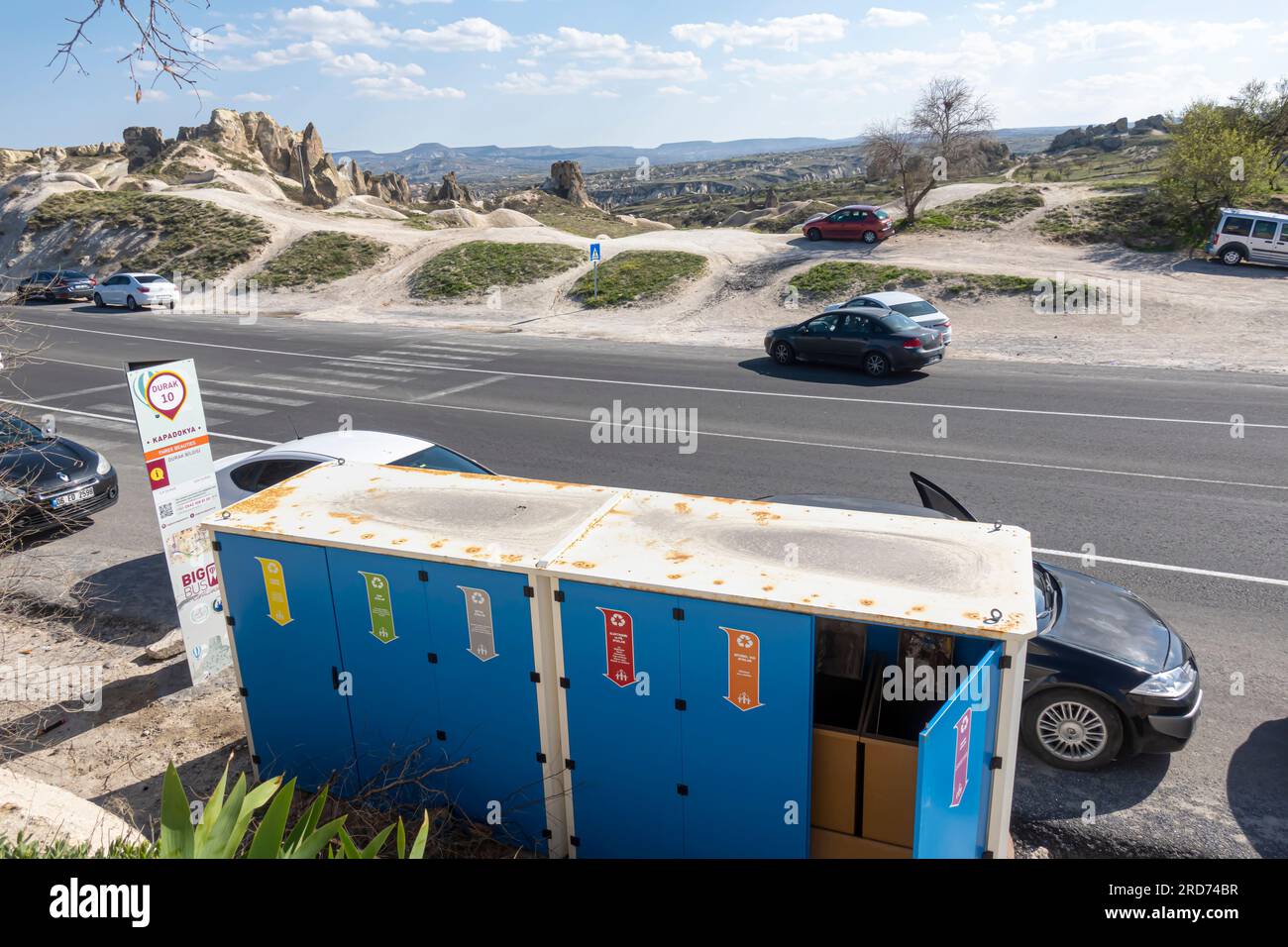 Large color-marked colorful separate waste disposal stations.Cappadocia ...