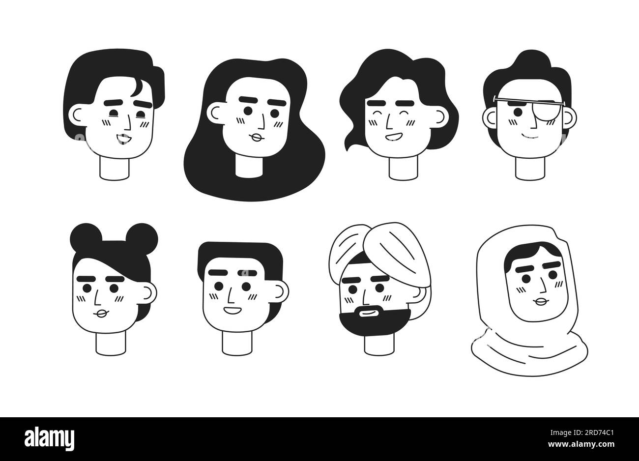 Multicultural people monochrome flat linear characters head Stock ...