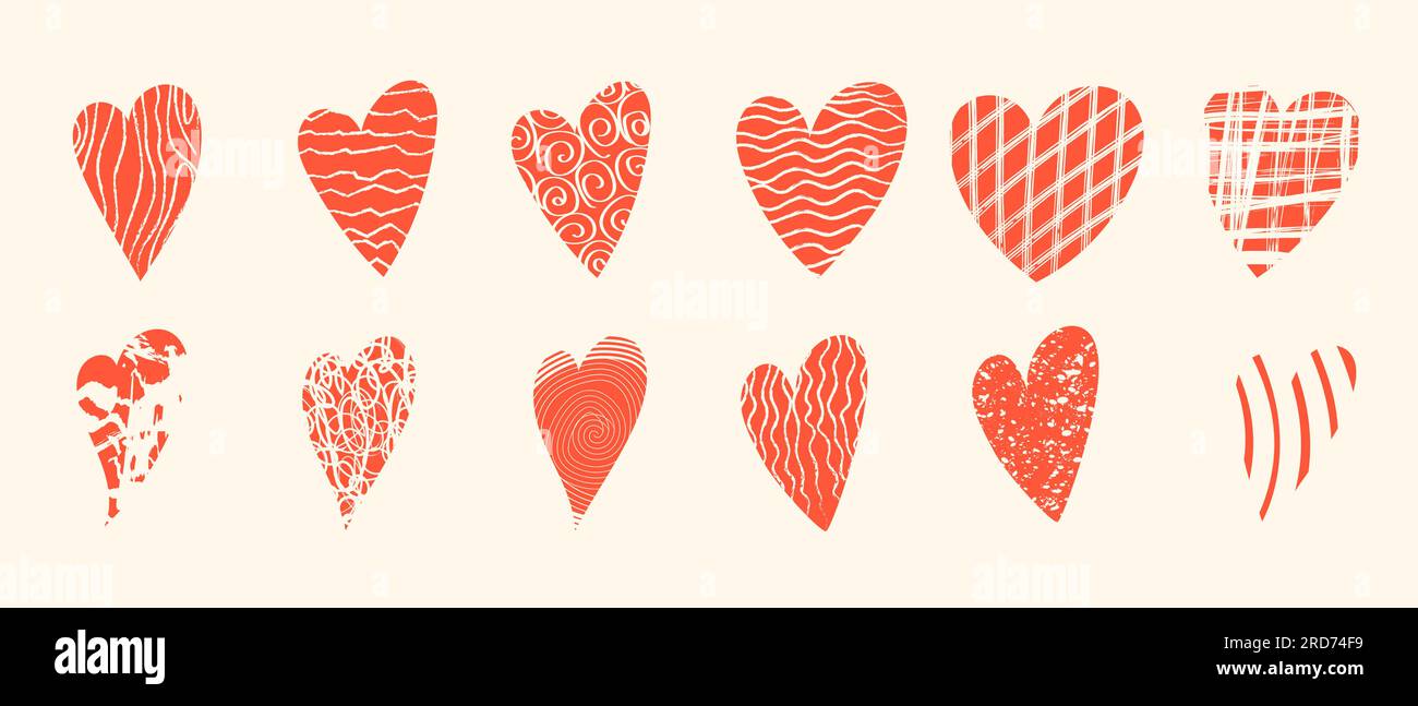 Colorful hearts with loop, drops, spots, curves, lines and waves. Hand ...