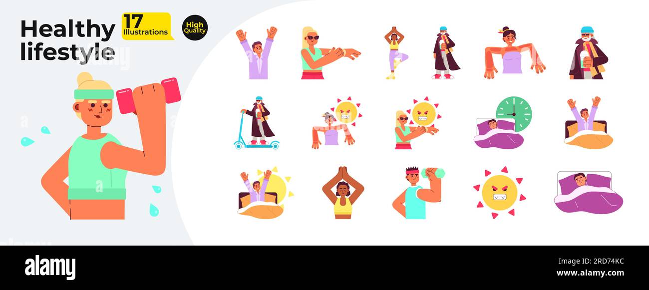Healthy Lifestyle Flat Concept Vector Spot Illustrations Bundle Stock