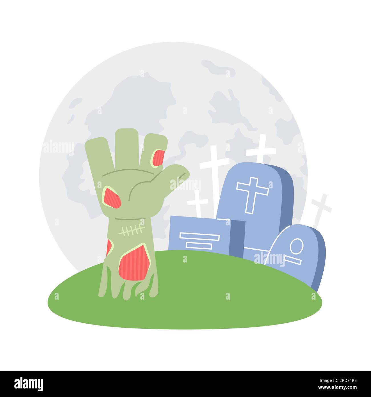 Zombie horror on full moon cemetery flat concept vector spot ...