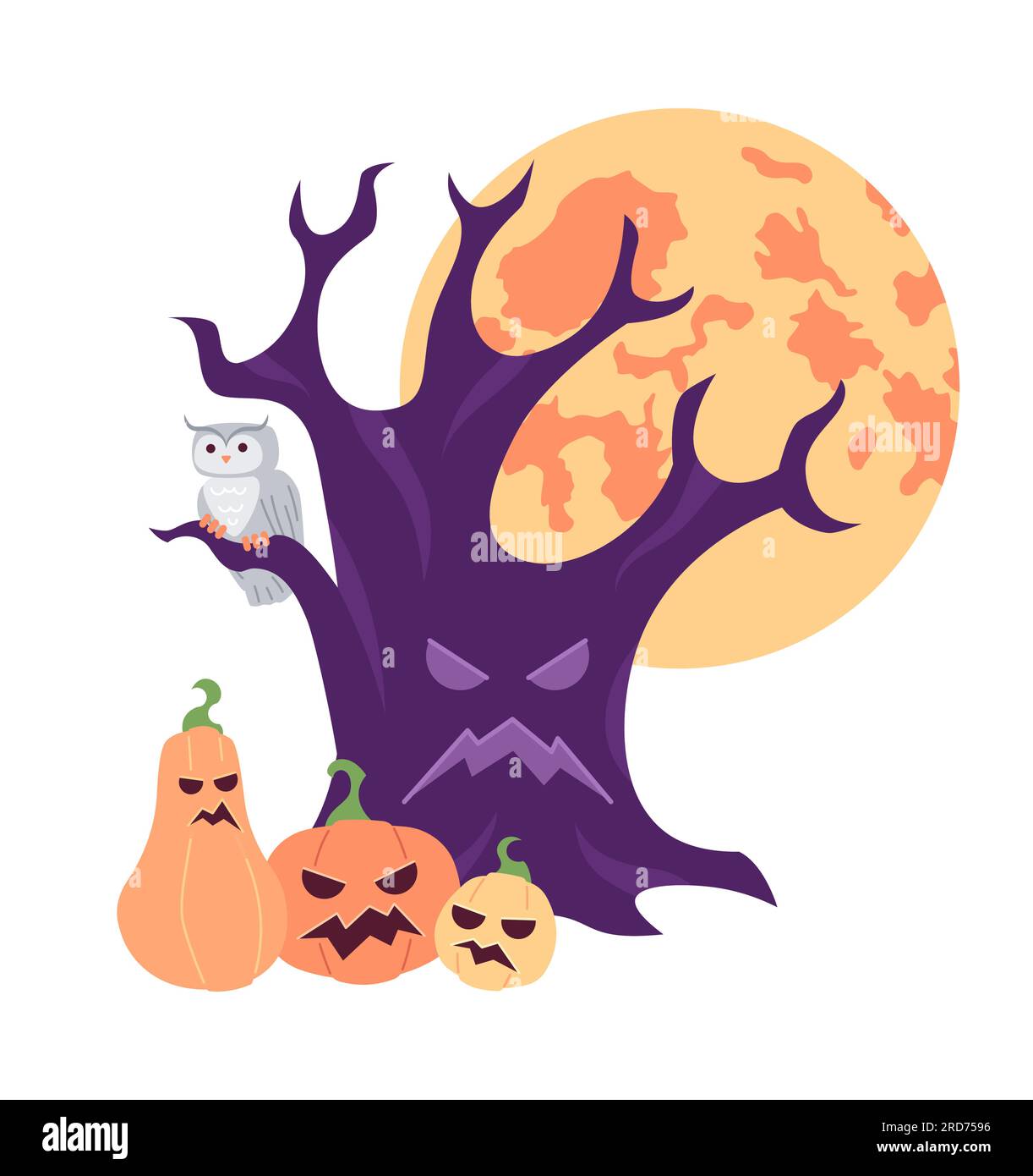 Halloween tree with scary pumpkins, full moon flat concept vector spot ...