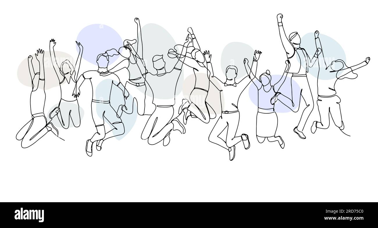 Single line drawing of jumping people, men and women with pastel ...
