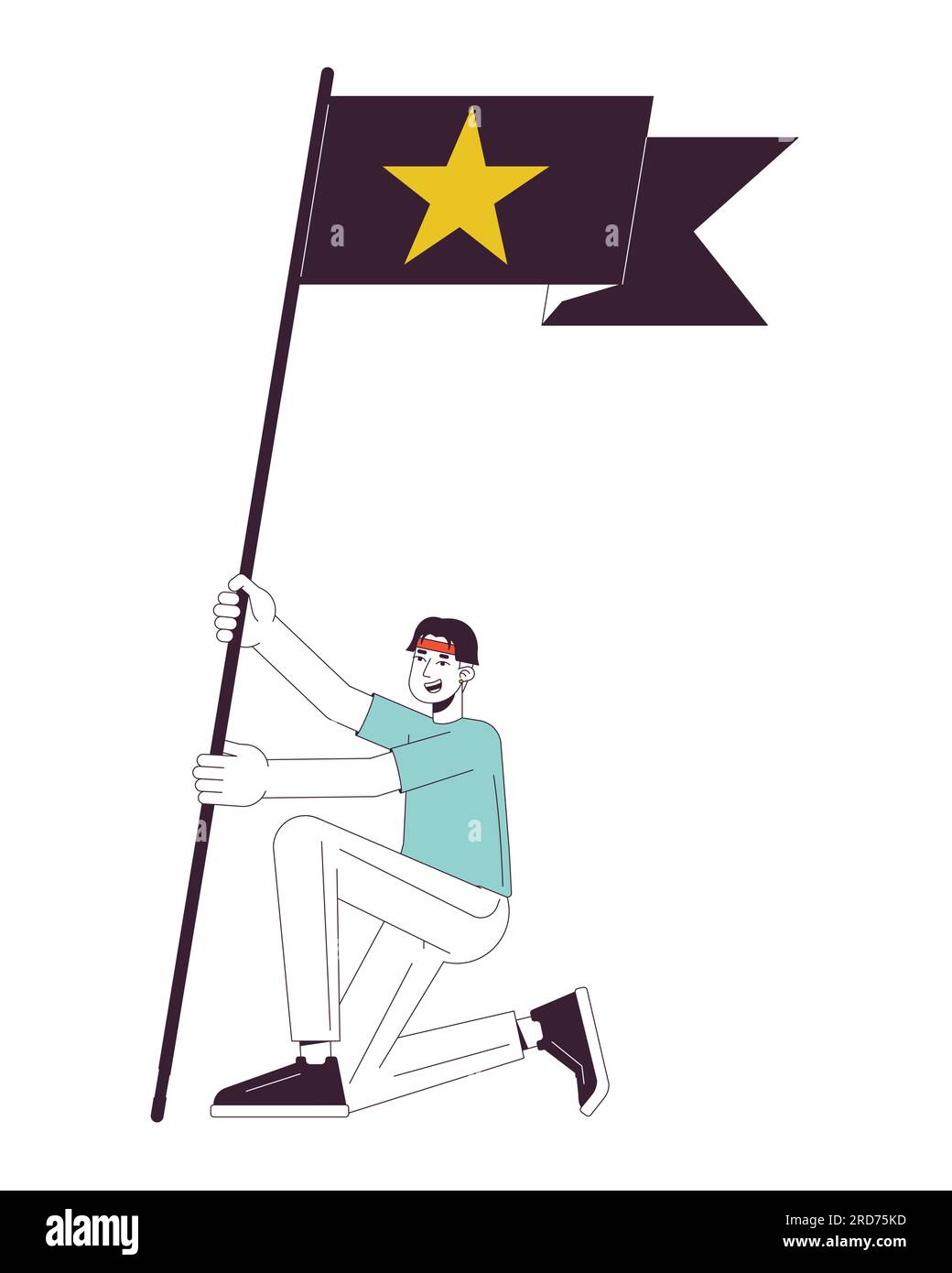 Asian fan boy holding flag with star flat line color vector character ...