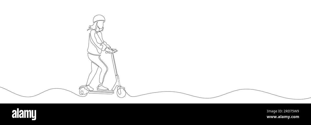 Girl on a one line electric scooter. Continuous line drawing scooter ...