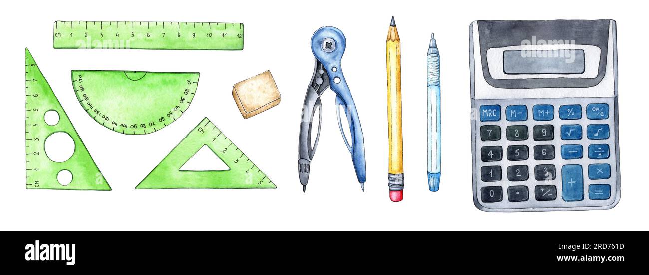 Watercolor illustration set of school subjects for math lesson ...