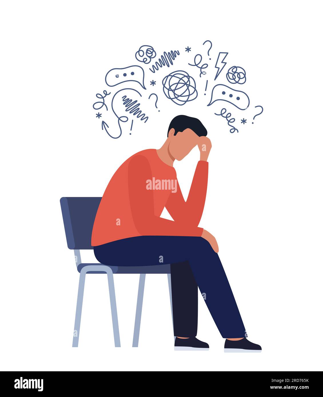 Young man is sitting surrounded by stream of thoughts, chaos in head ...