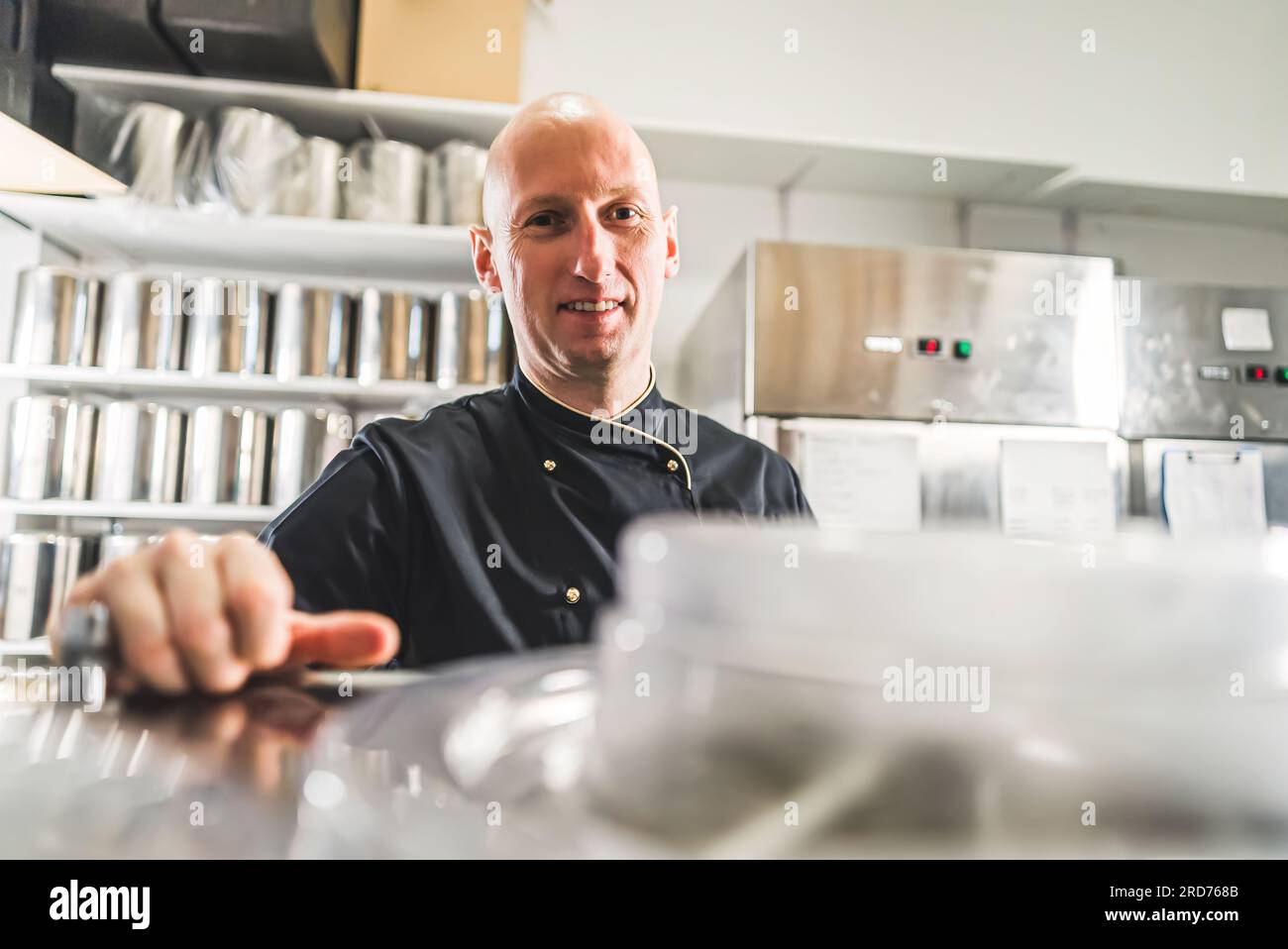 Closeup indoors shot of professional kitchen with stainless steel ...