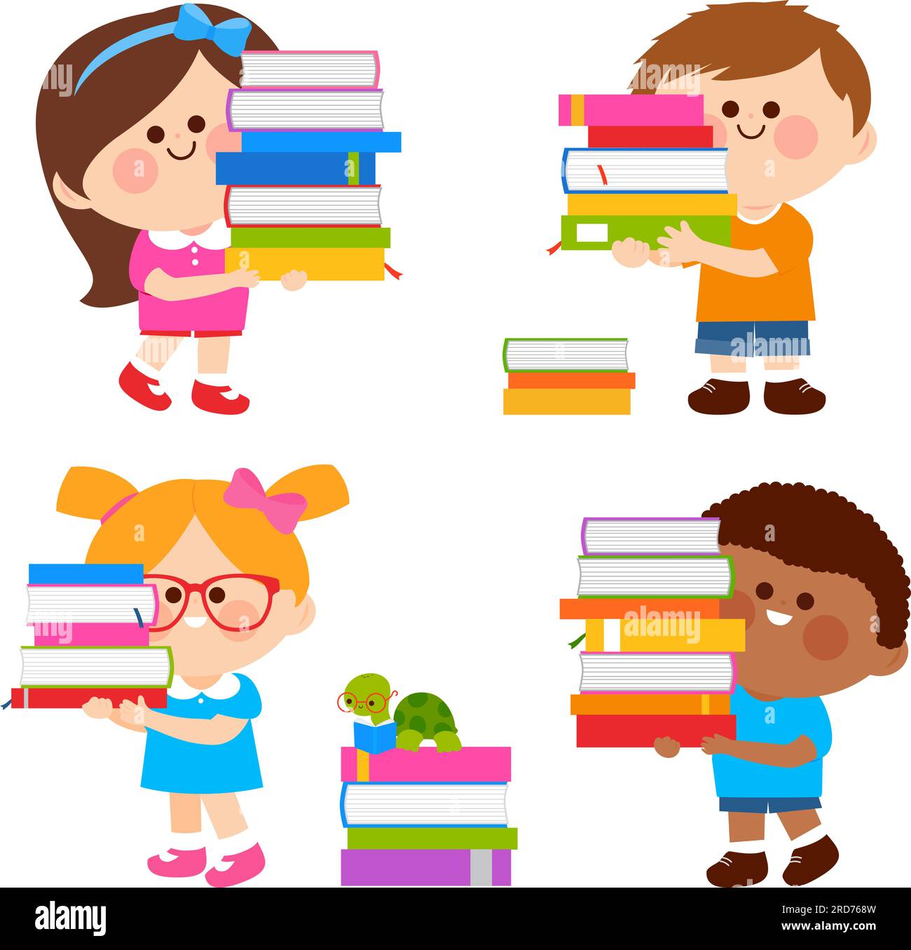 Diverse group of children carrying big piles of books. Vector ...