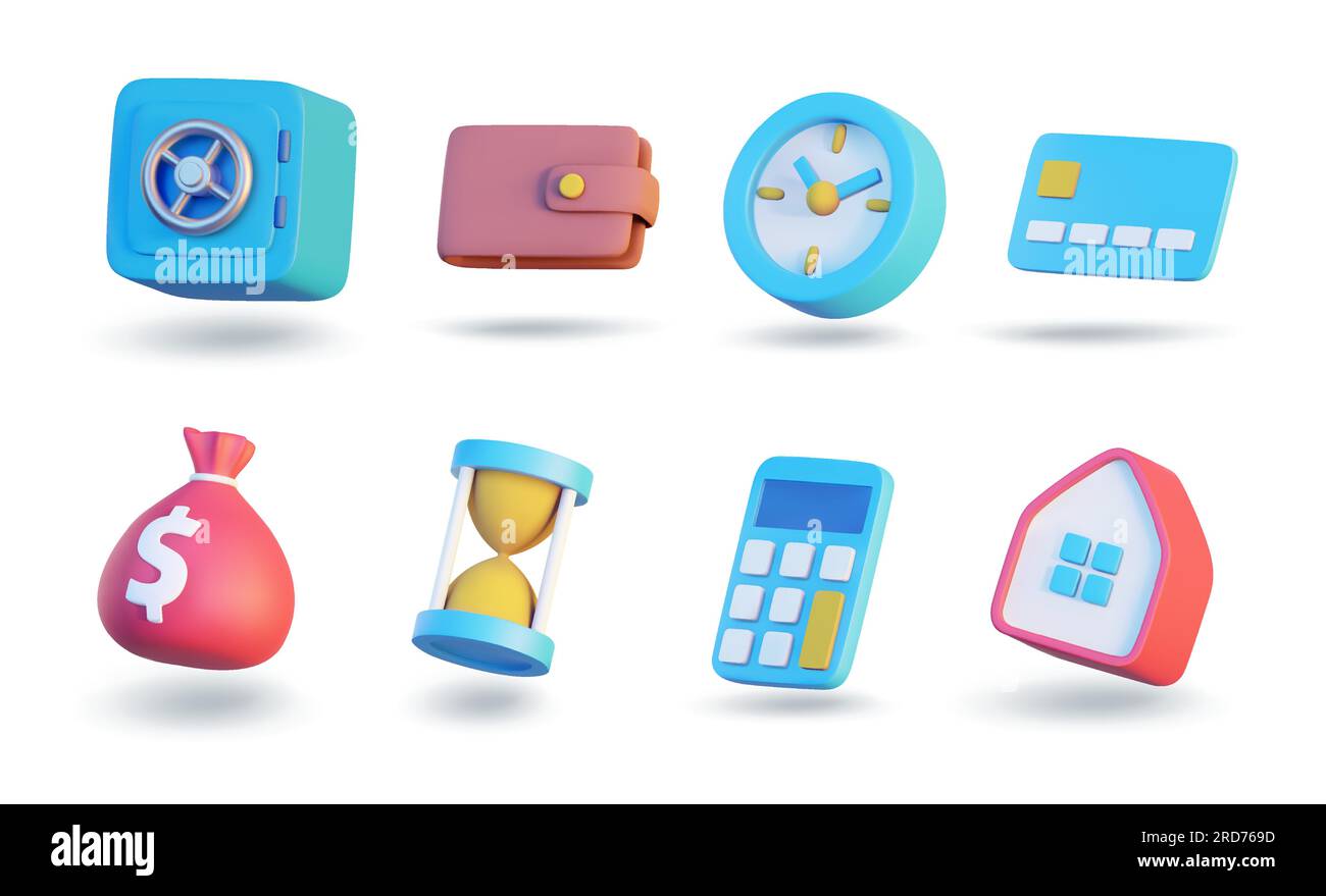 3d business icon set. Safe, wallet, watch, card, bank card, cash bag ...