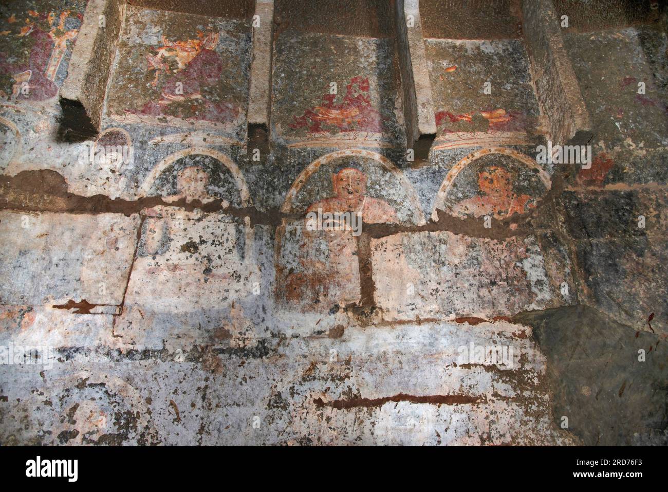 Pitalkhora- Cave 3, Chaitya hall. Painting-Seated Buddha figures with ...