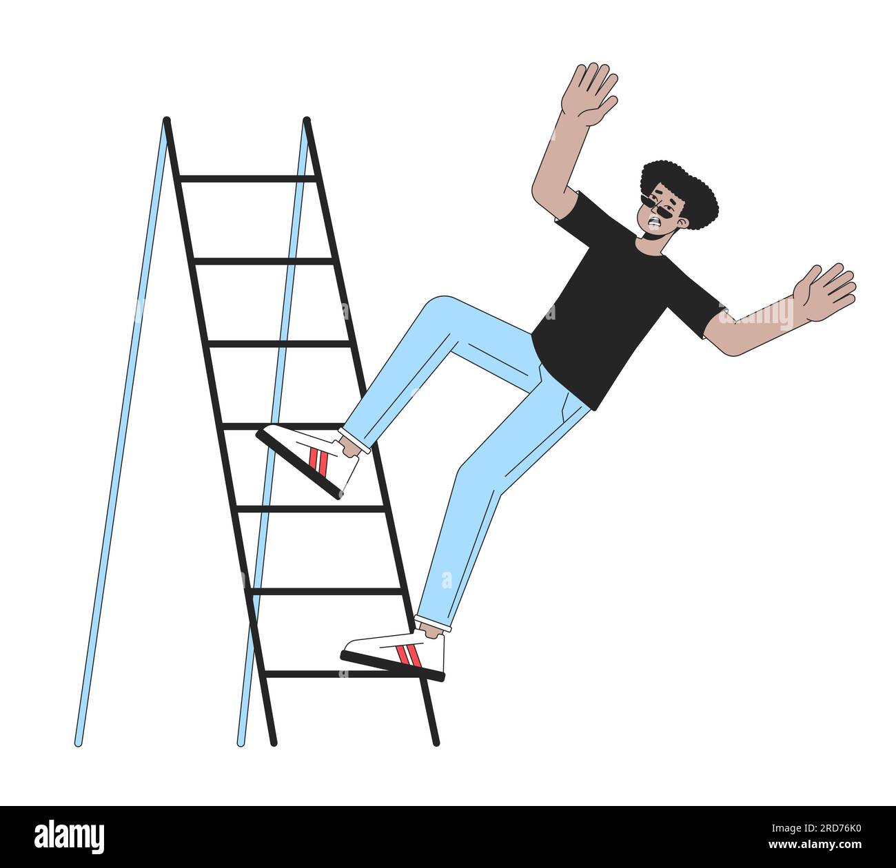 Young man falls from ladder stair flat line color vector character ...