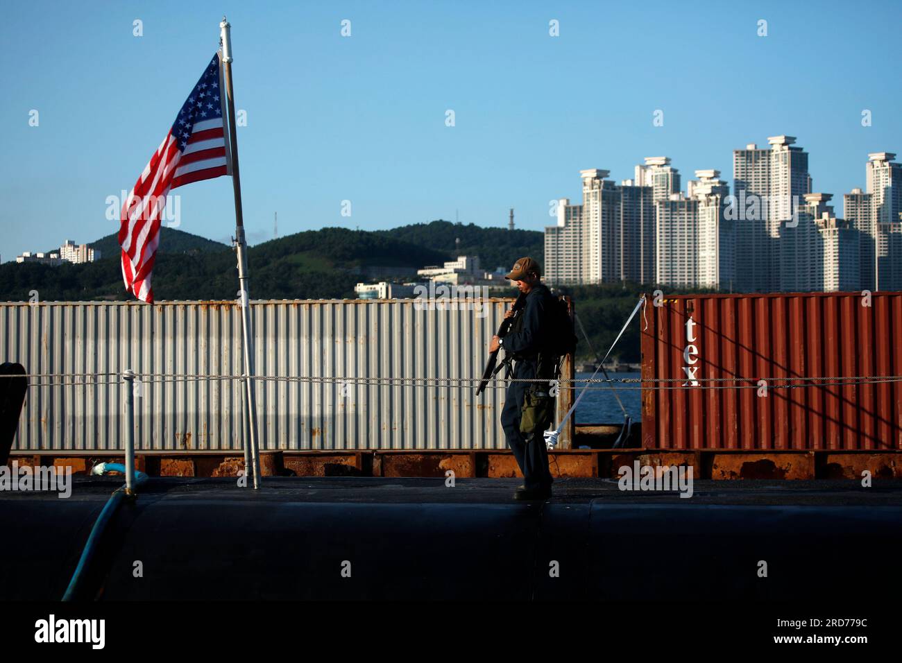 A crew patrols on the deck of the USS Kentucky, a U.S. nuclear-armed ...