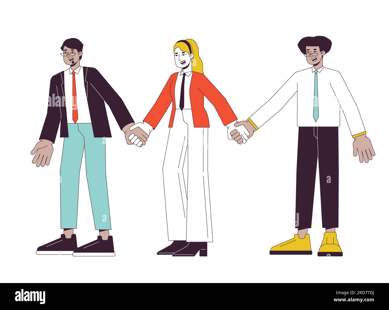 Diverse corporate employees holding hands flat line color vector ...