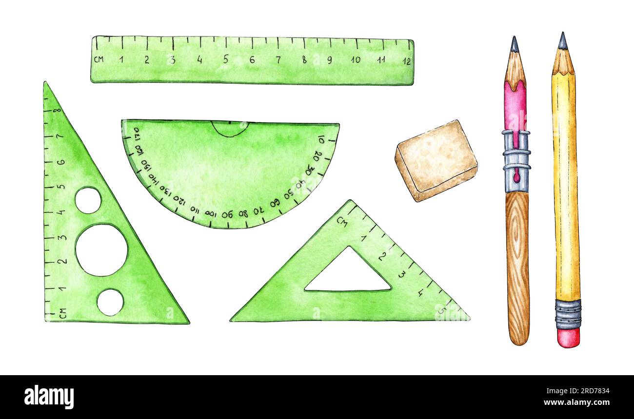 A set of watercolor illustrations of school subjects for a lesson in ...