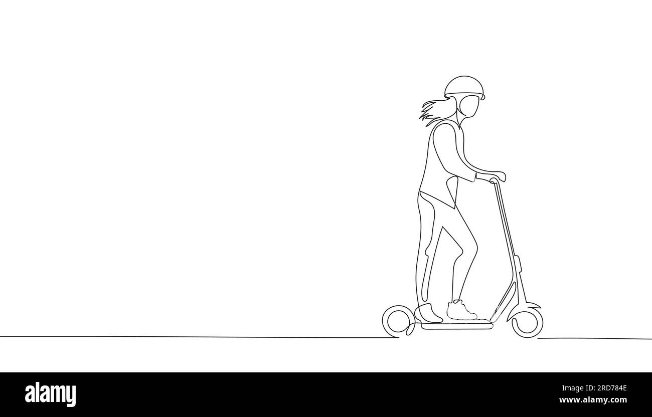 Girl on a one line electric scooter. Continuous line drawing scooter ...