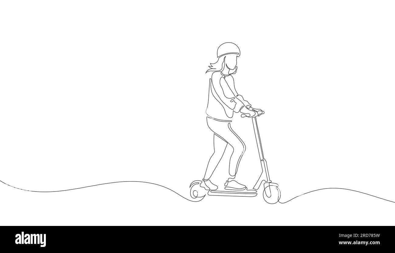 Girl on a one line electric scooter. Continuous line drawing scooter ...