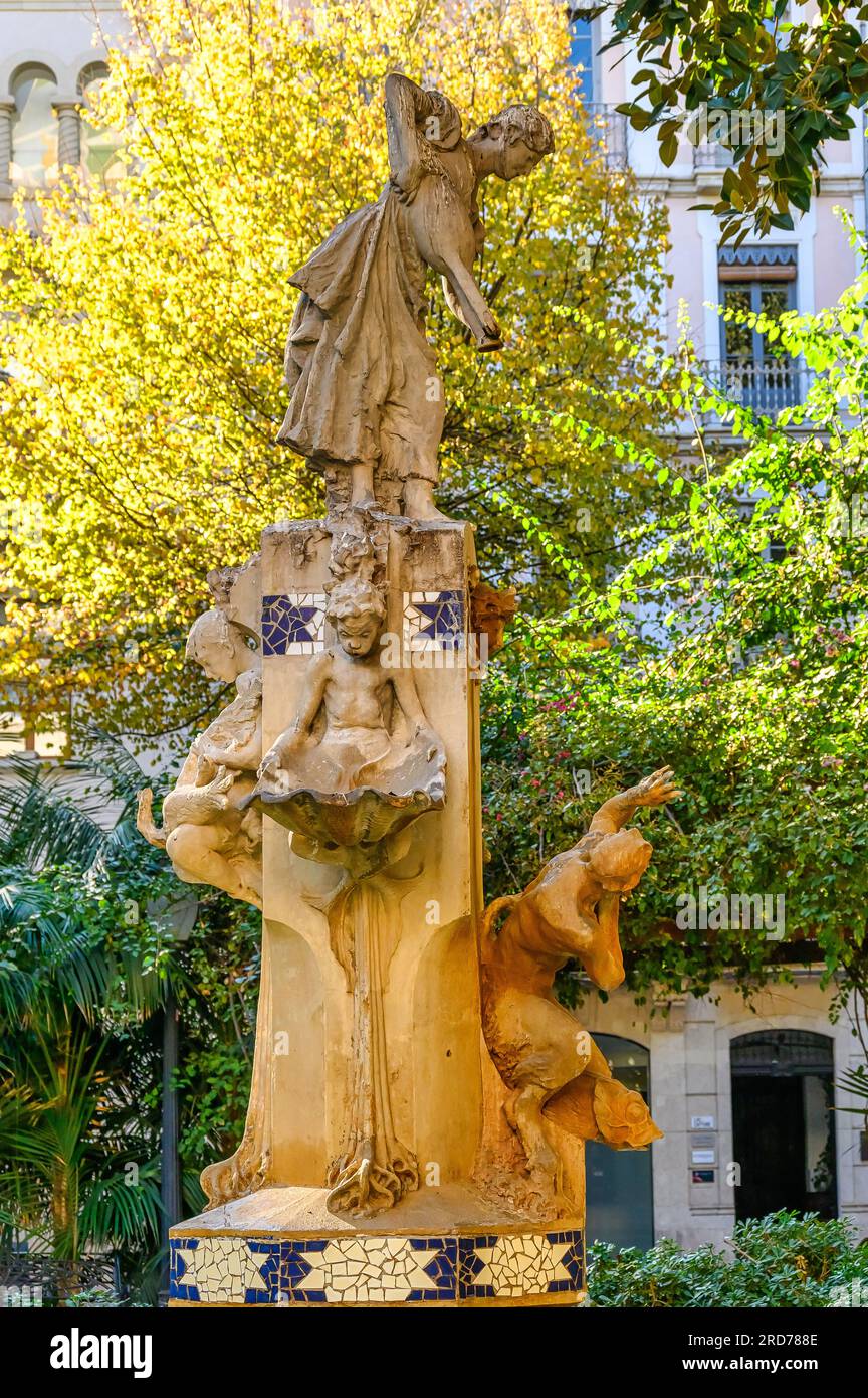 Alicante, Spain, La Aguadora Fountain. The old sculpture is a heritage ...