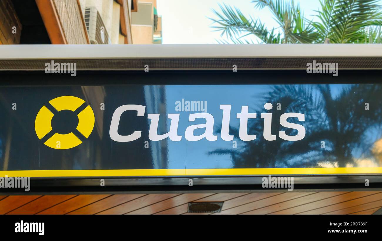Alicante, Spain, Sign of Cualtis in the entrance of the building named ...
