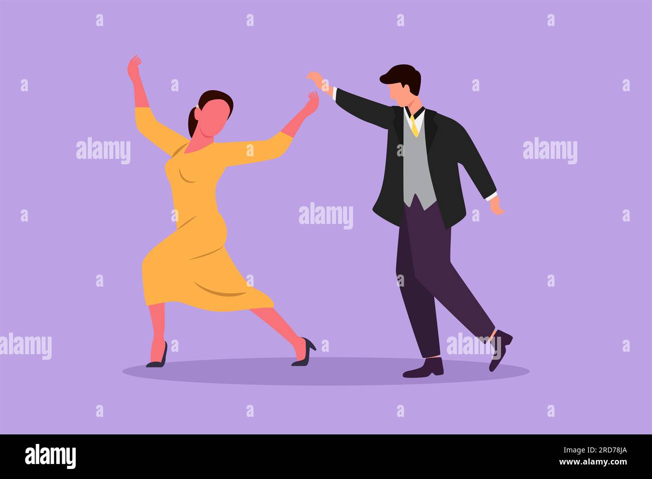 Graphic flat design drawing young man and woman professional dancer couple dancing tango, waltz ...