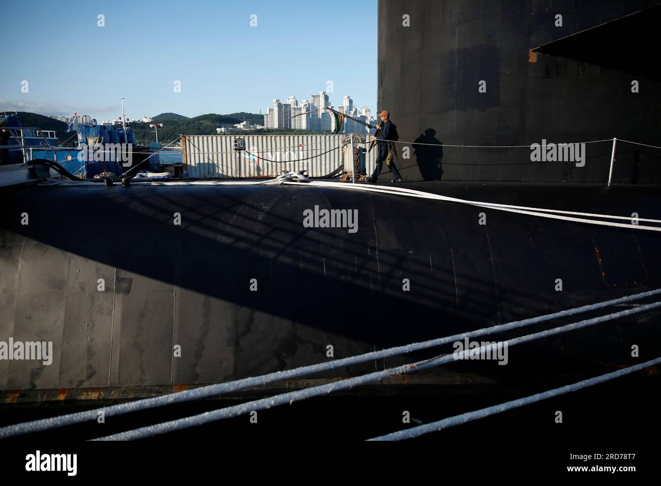 A crew patrols on the deck of the USS Kentucky, a U.S. nuclear-armed ...