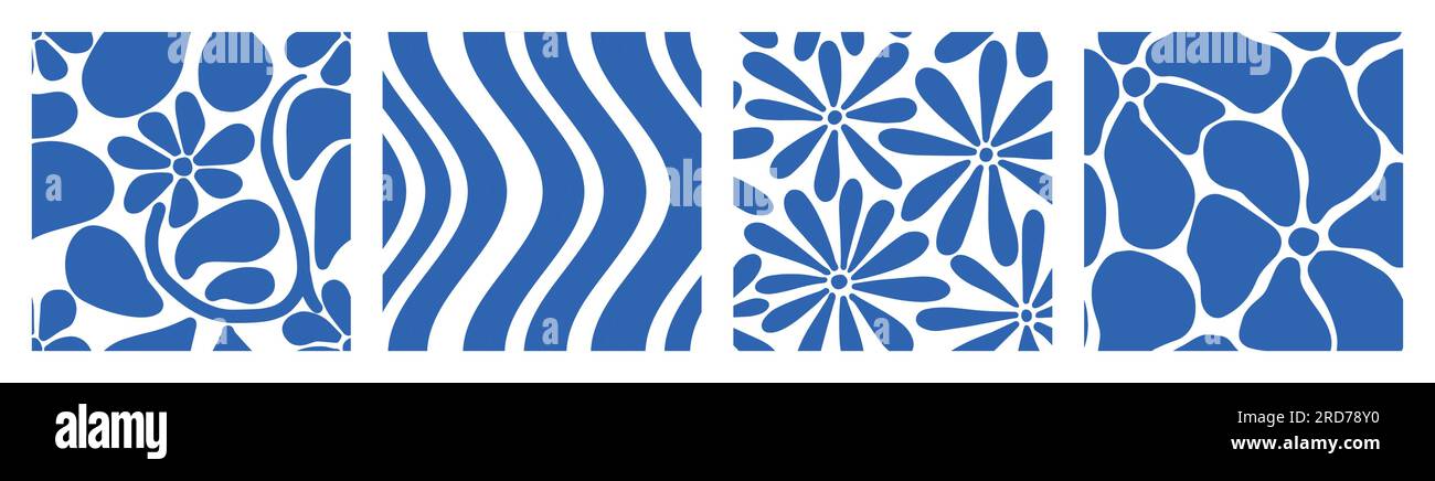 Matisse Naive Blue Pattern Set. Abstract Groovy Flowers Art in Hippie ...