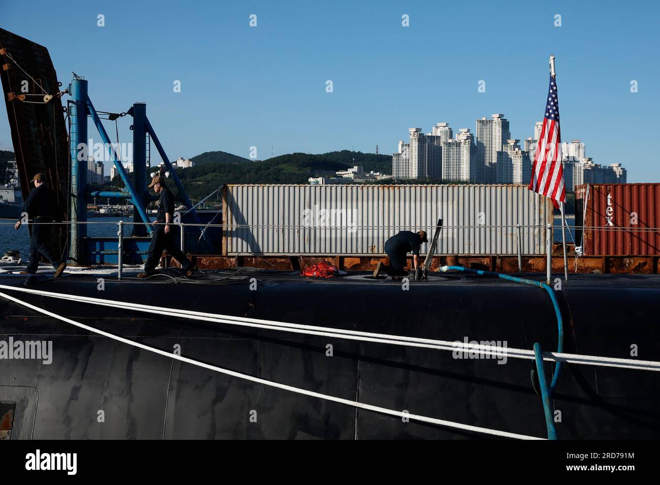 The USS Kentucky, a U.S. nuclear-armed submarine, is anchored at the ...