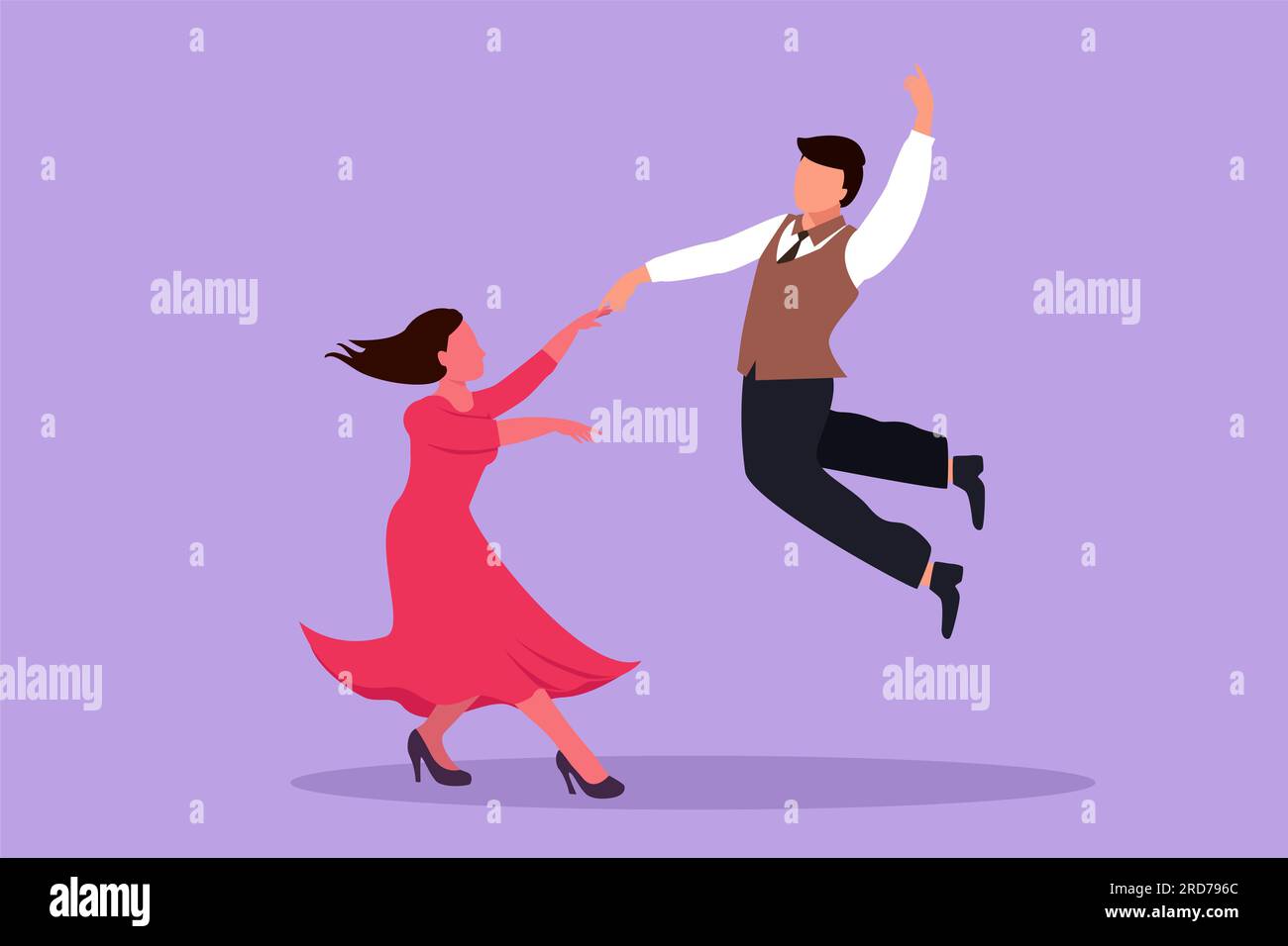 Cartoon flat style drawing attractive man and woman dancing Lindy hop ...