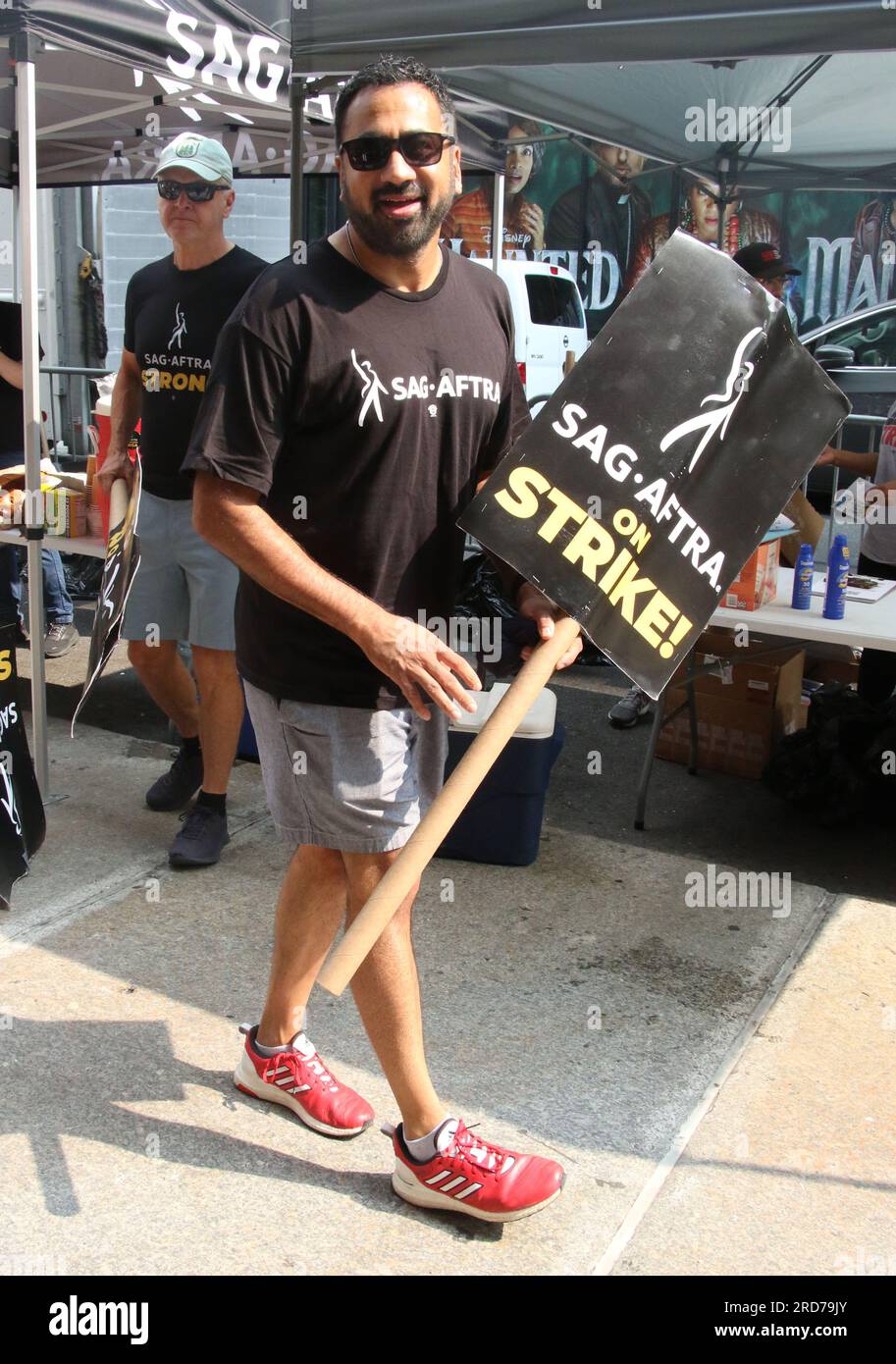 New York, NY, USA. 17th July, 2023. Kal Penn seen picketing during the ...