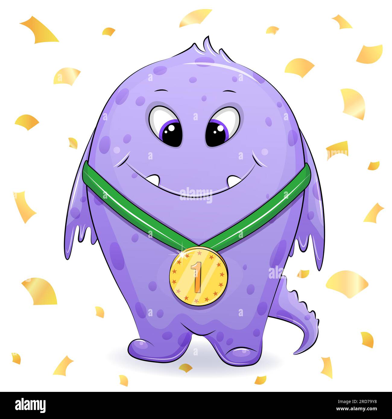 Cute cartoon purple monster with gold medal. Vector illustration of a ...