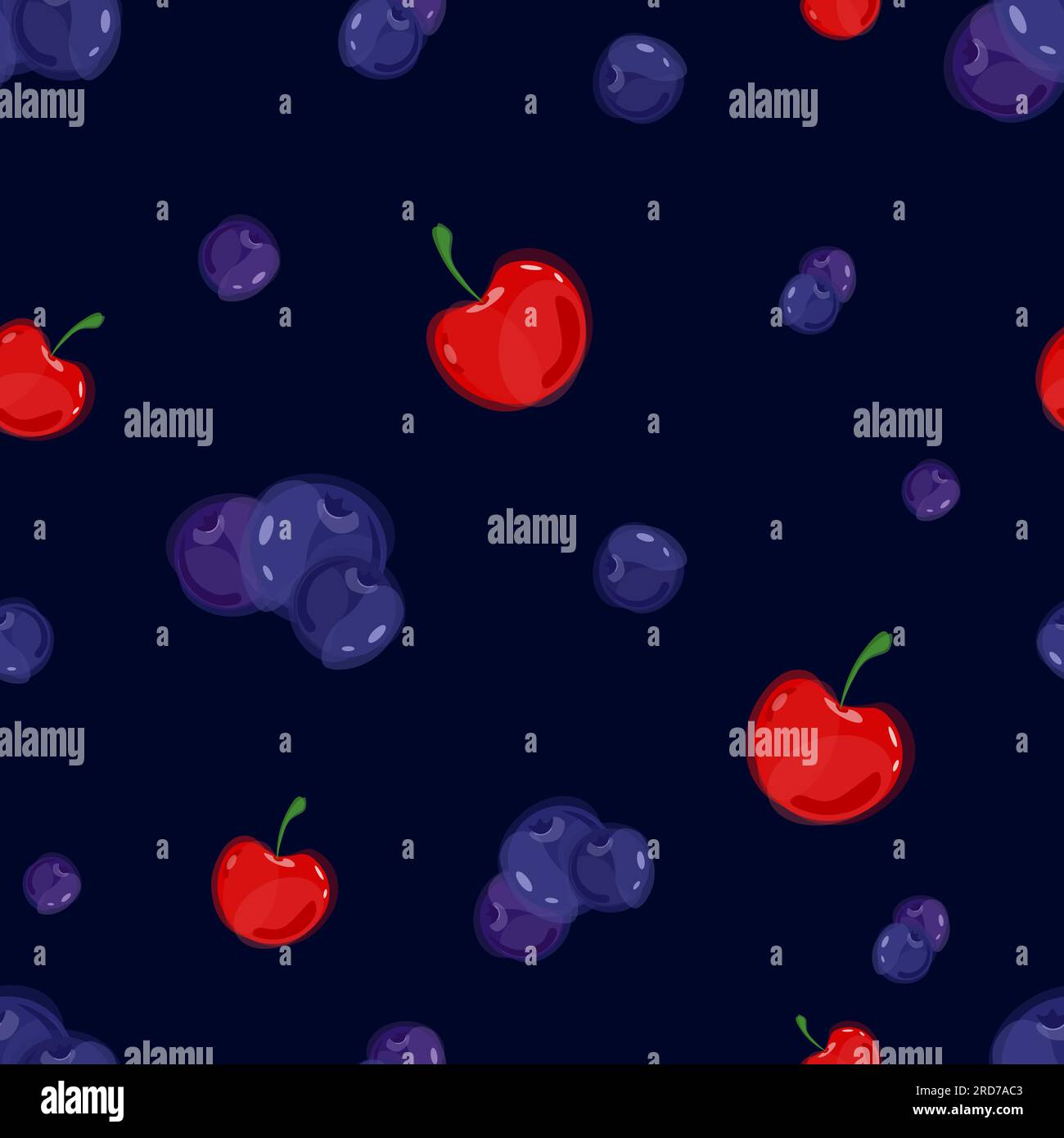 Juicy pattern with blue blueberries and red cherries in different sizes ...