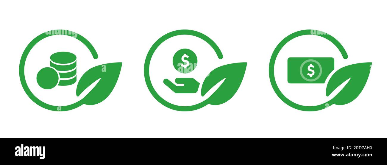 Money cash coin in green leaves circle icon set collection symbol of ...