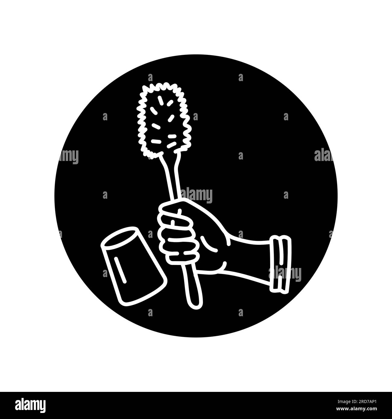 Hand in glove with brush cleaning toilet black line icon. Pictogram for ...