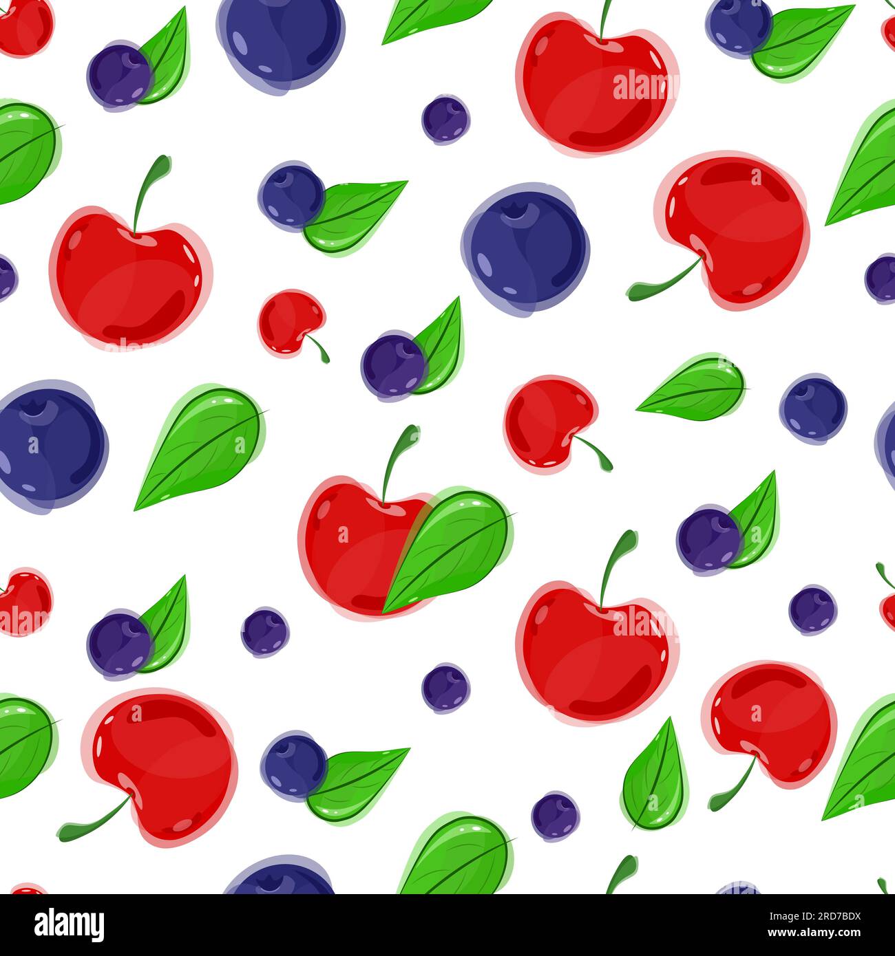 Summer berry pattern with green leaves, red cherries and blue ...