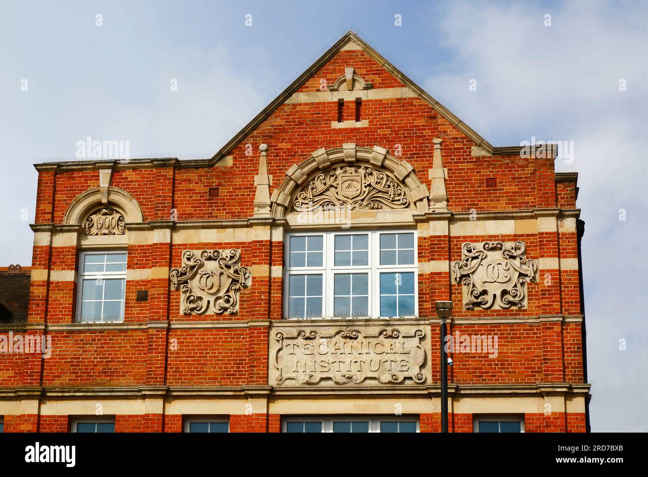 Detail of upper floors of the brick and stone facade of the Tonbridge ...