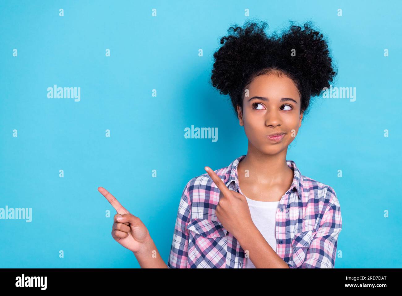 Portrait of ponder pensive person with afro hairstyle wear plaid shirt ...