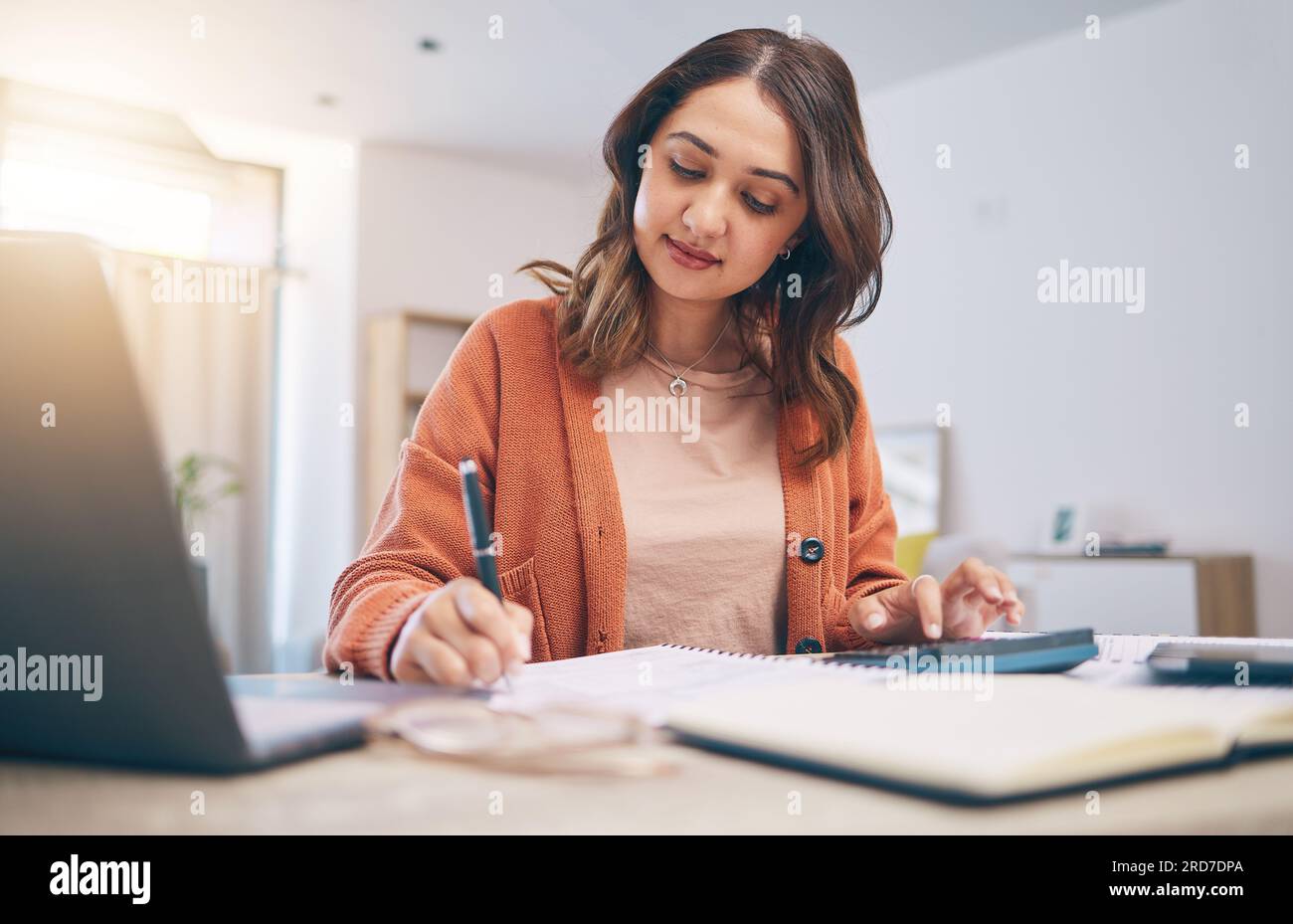 Finance, writing and woman with calculator for budget, taxes report and ...