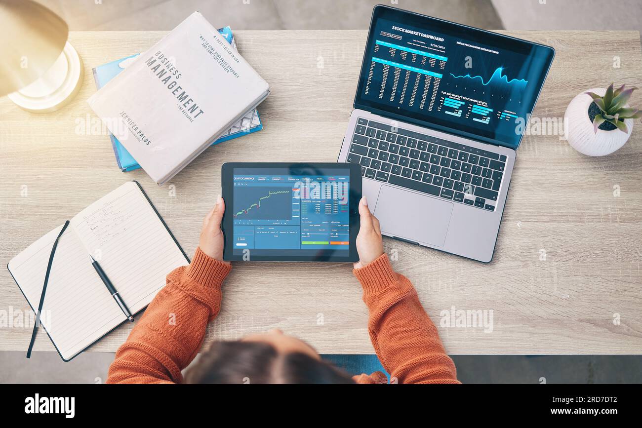 Woman with laptop, tablet and data analytics for research in business ...