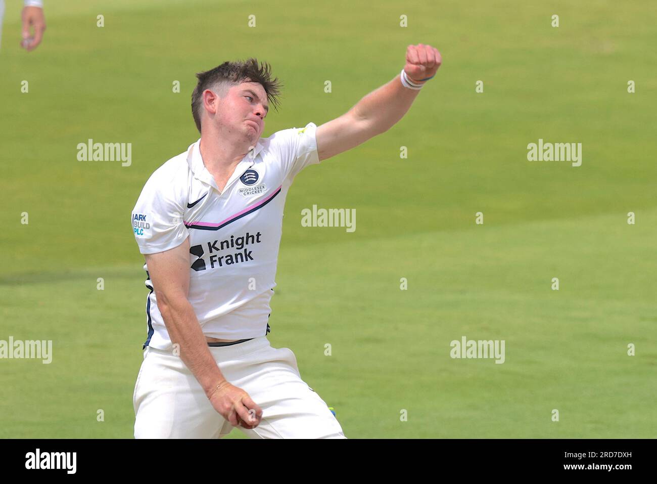 London, UK. 19th July, 2023. Middlesex's Ethan Bamber bowling as ...