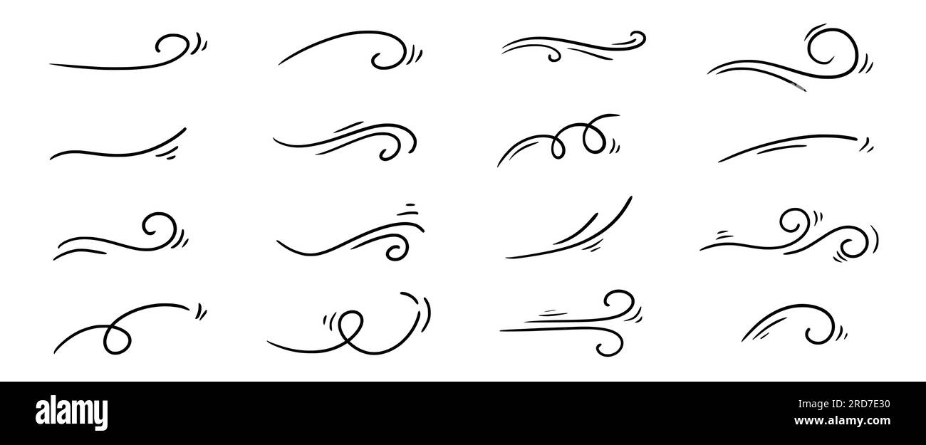 Doodle wind line sketch set. Hand drawn doodle wind motion, air blow ...