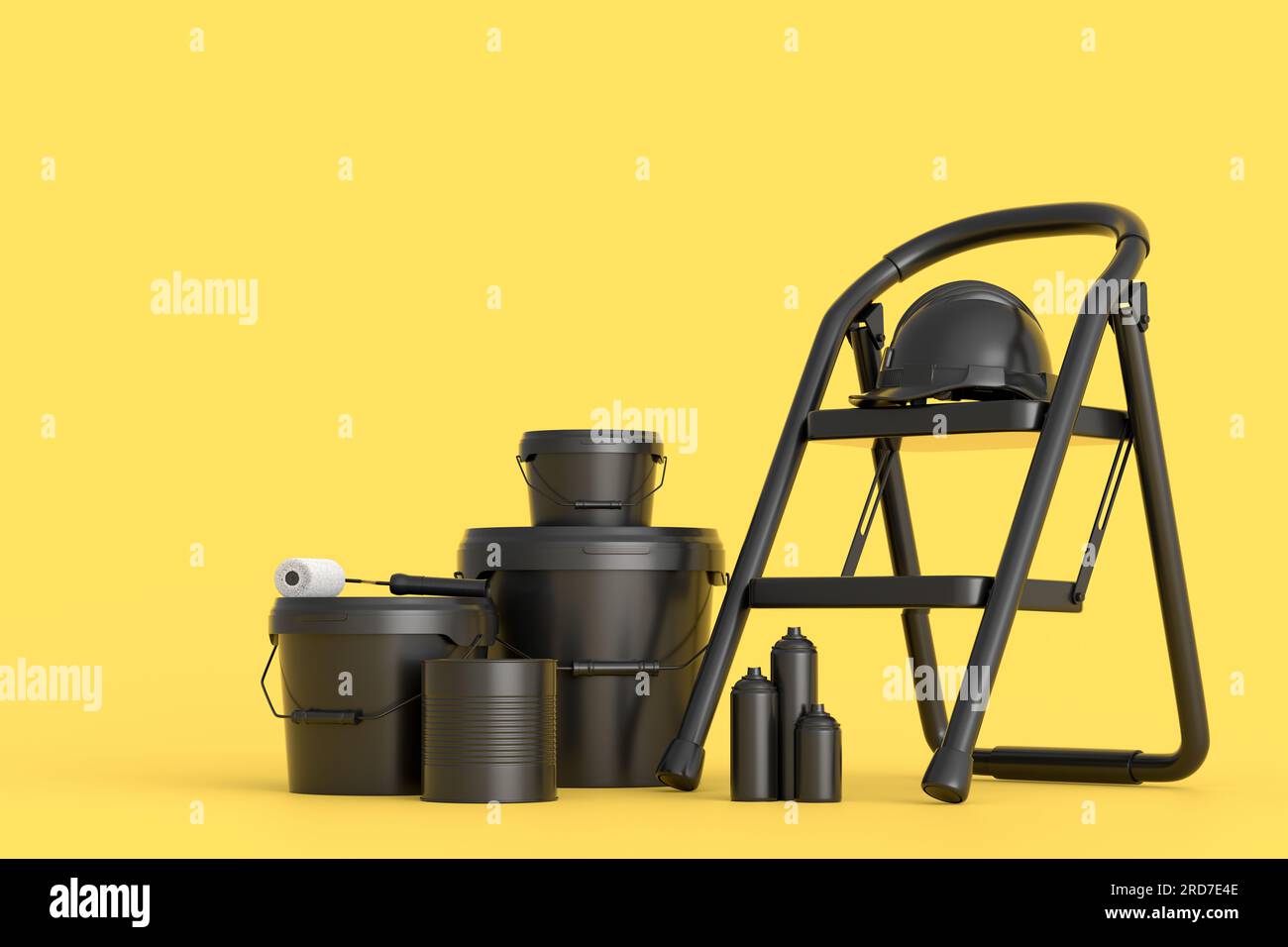 Set of folding ladder, bucket, safety helmet with paint rollers and ...