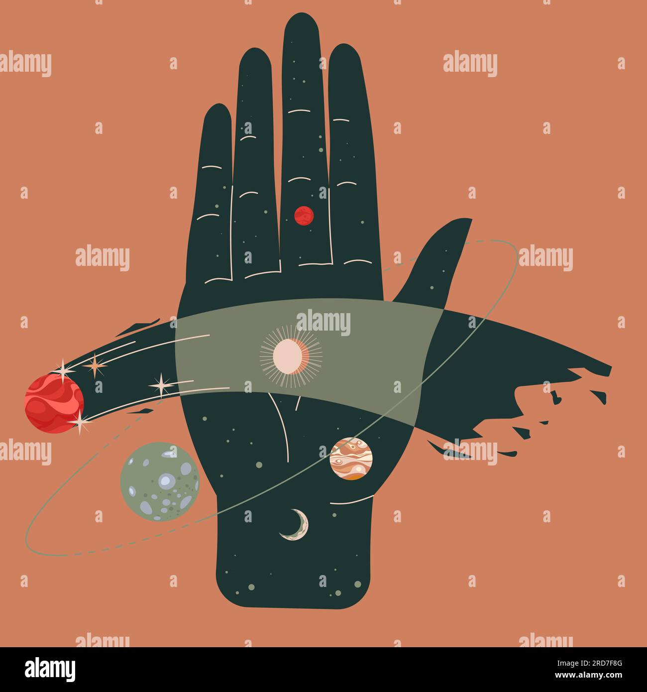 Palm and celestial bodies, planets stars on hand Stock Vector Image ...