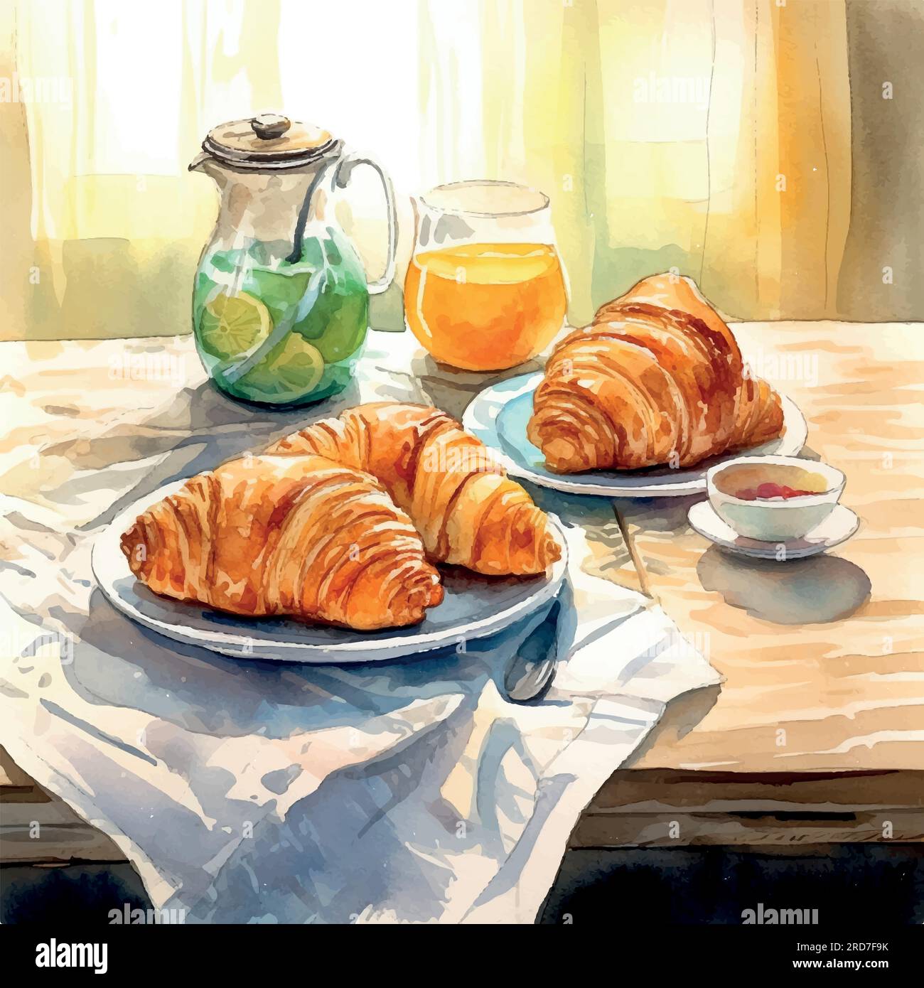 Modern croissants still life watercolor, great design for any purposes ...