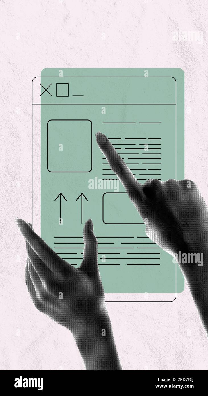 Female hand touching screen with information. Digital support ...