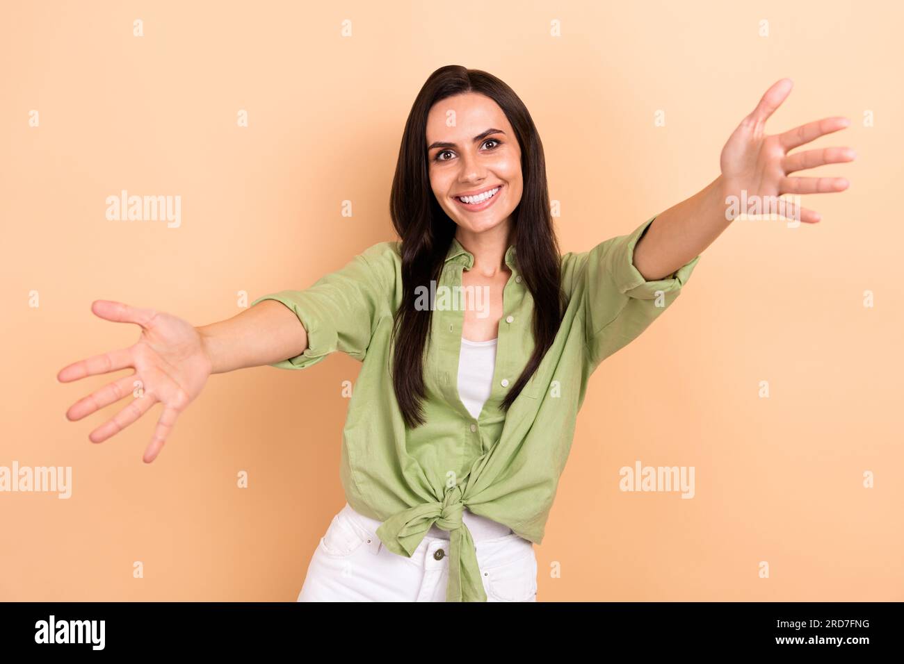 Photo of lovely cheerful person beaming smile raise opened arms welcome ...