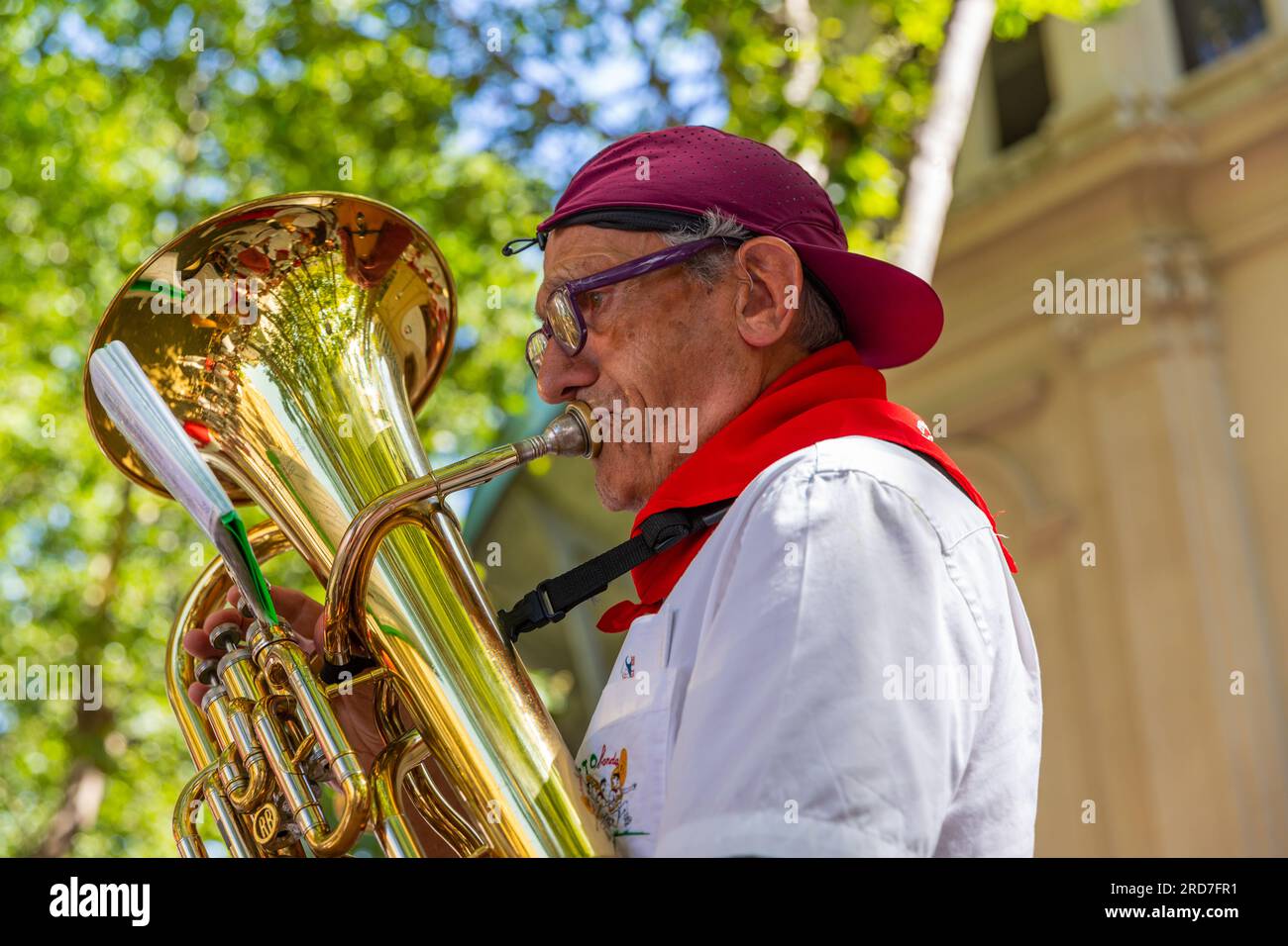 Pamplona, Spain: 09 July 2023: Man playing trombone to celebrate San ...